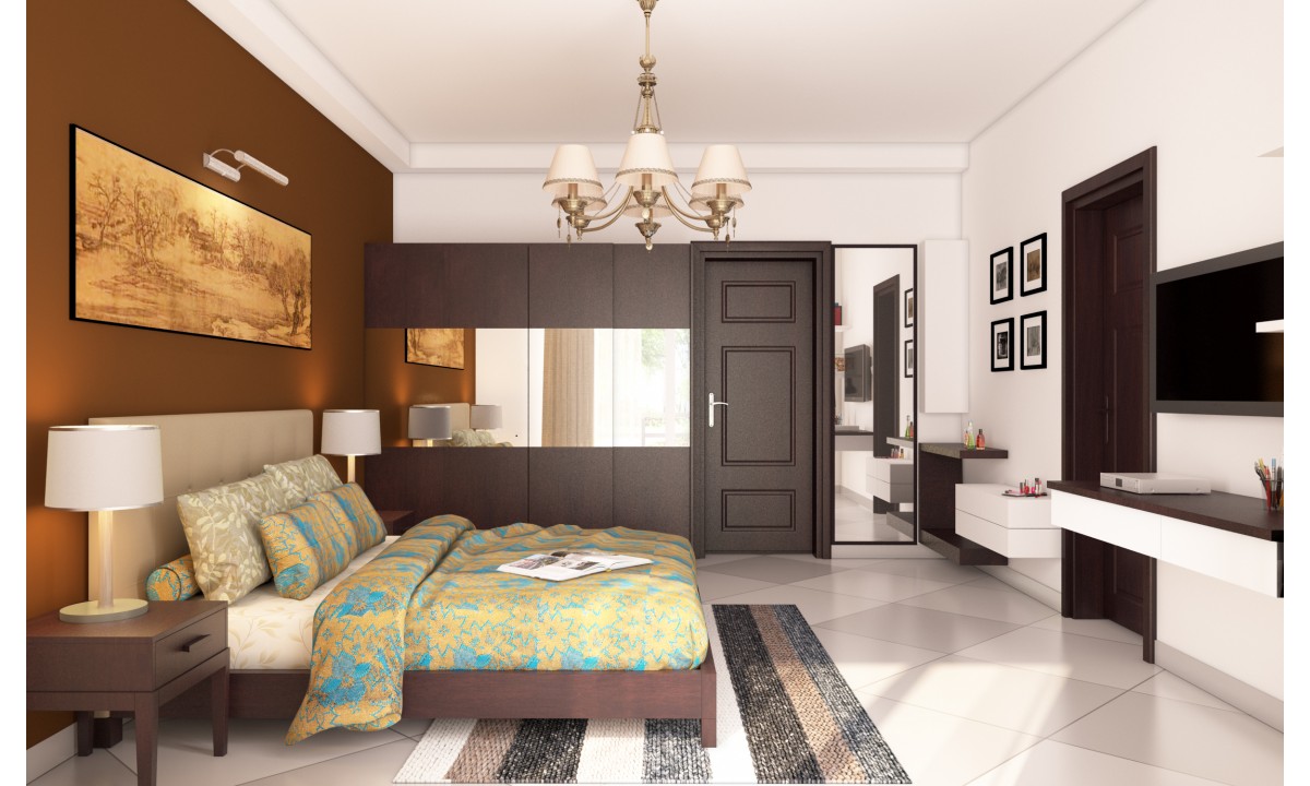 White Master Bedroom Design With Brown Wall | Livspace