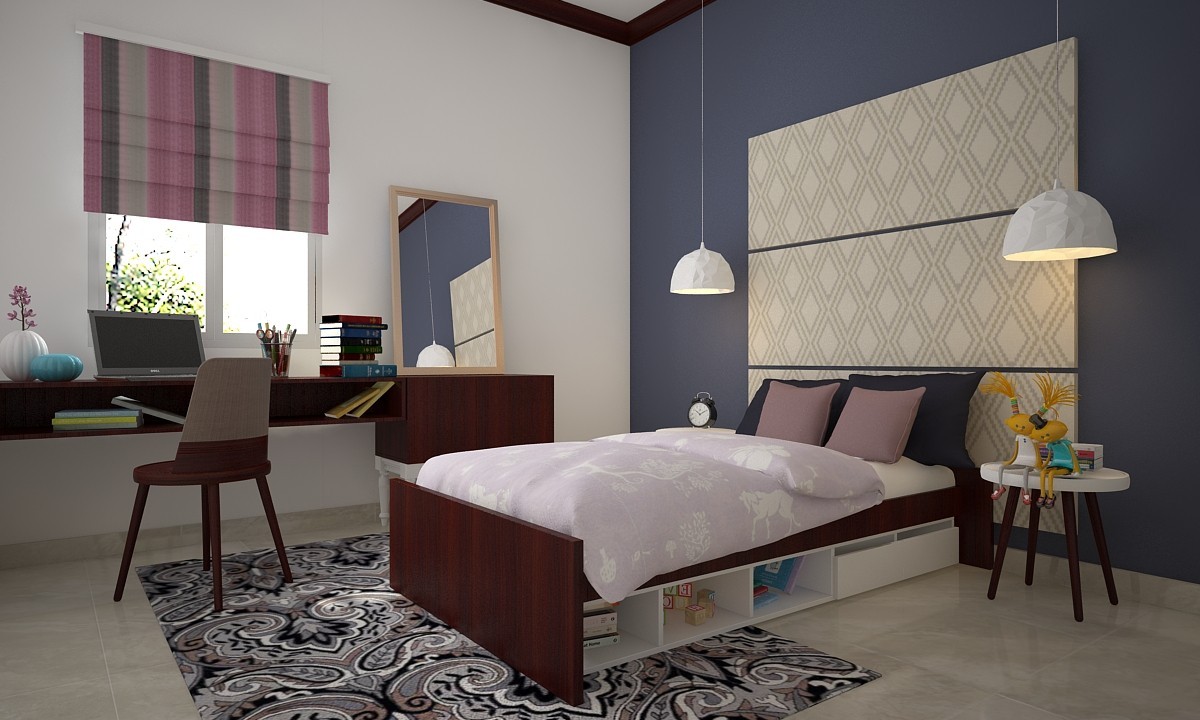 Girls Bedroom Design With Rhombus Design Headboard Wallpanel | Livspace