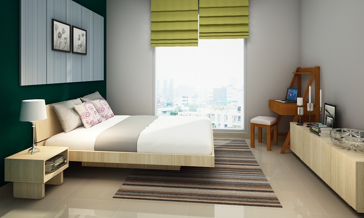 Low Maintenance Guest Bedroom With Wallpaper | Livspace